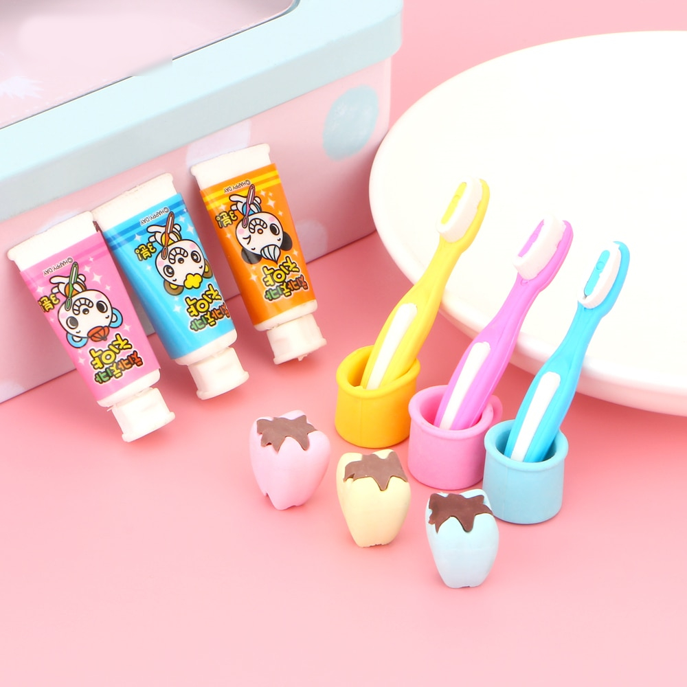 Kawaii Creative Cartoon Toothpaste & Tooth Brush With Cup Eraser ...