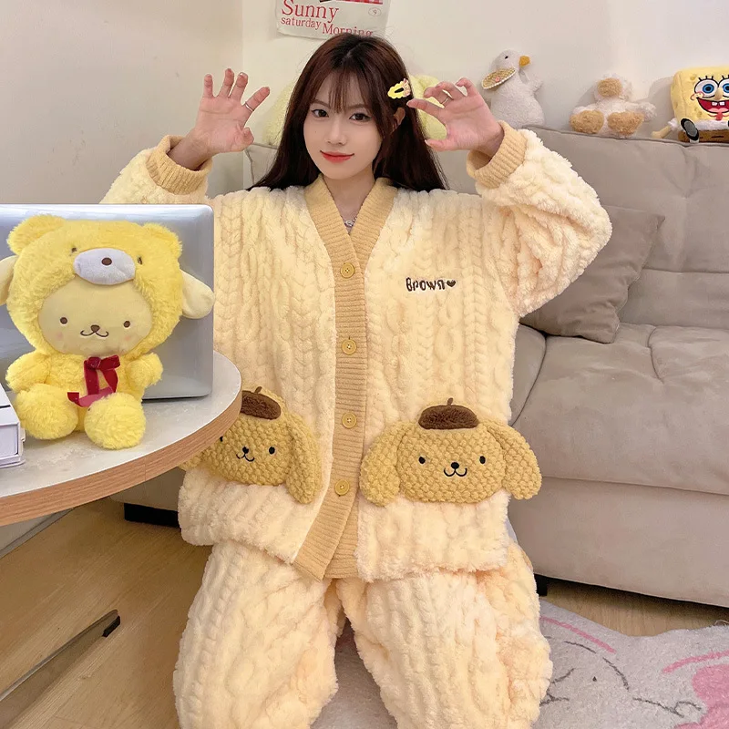 Sanrio Kawaii Pompompurin Loungewear Winter Plush Pajama Set ...